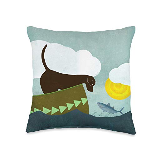 Chocolate Lab On the Lake In A Canoe Meets A Fish Throw Pillow, 16x16, Multicolor