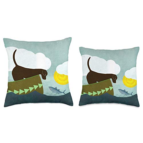 Chocolate Lab On the Lake In A Canoe Meets A Fish Throw Pillow, 16x16, Multicolor