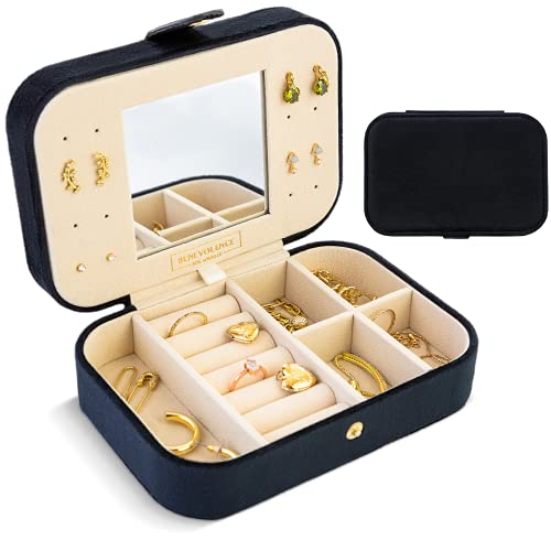 Plush Velvet Travel Jewelry Box Organizer | Travel Jewelry Organizer, Travel Jewelry Case | Small Jewelry Box for Women, Jewelry Travel Case | Earring Organizer Box with Mirror - Ebony