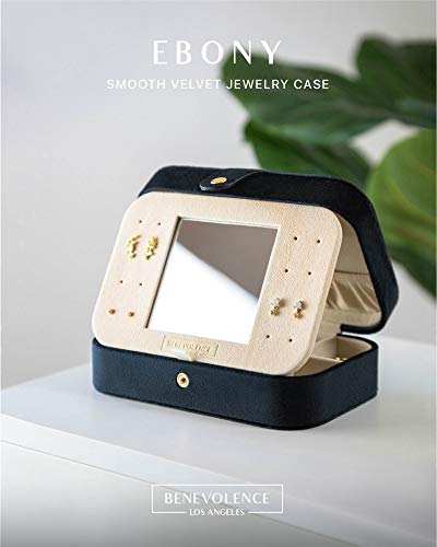 Plush Velvet Travel Jewelry Box Organizer | Travel Jewelry Organizer, Travel Jewelry Case | Small Jewelry Box for Women, Jewelry Travel Case | Earring Organizer Box with Mirror - Ebony