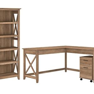 Bush Furniture Key West L Shaped Desk with 2 Drawer Mobile File Cabinet and 5 Shelf Bookcase, 60W, Reclaimed Pine