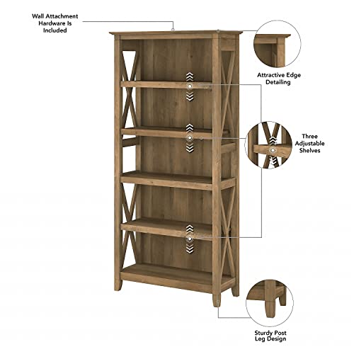 Bush Furniture Key West L Shaped Desk with 2 Drawer Mobile File Cabinet and 5 Shelf Bookcase, 60W, Reclaimed Pine