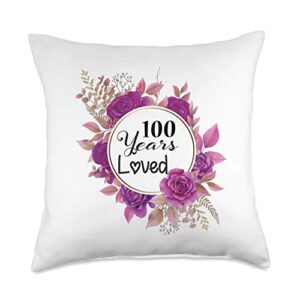 flowers 100th bday gifts 100 years old beautiful floral design 100th birthday throw pillow, 18x18, multicolor