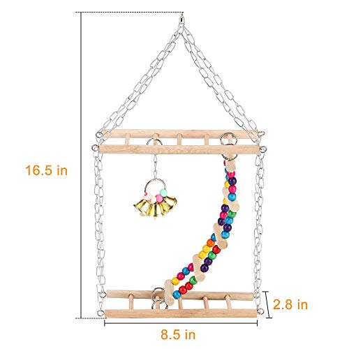 Filhome Hanging Bird Ladder Swing Bridge Toys, Parrot Playground Perch Stand Toy Bird Cage Accessories for Parakeets Cockatiels, Conures, Macaws, Finches