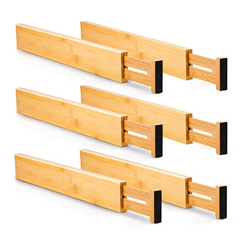 Diosbles 6 Pack Bamboo Drawer Dividers, Adjustable Kitchen Drawer Divider, Expandable Drawer Organizer Kitchen Utensils, Spring Loaded Drawer Organizers for Clothing (2.36" High, 13.86"-18.9")