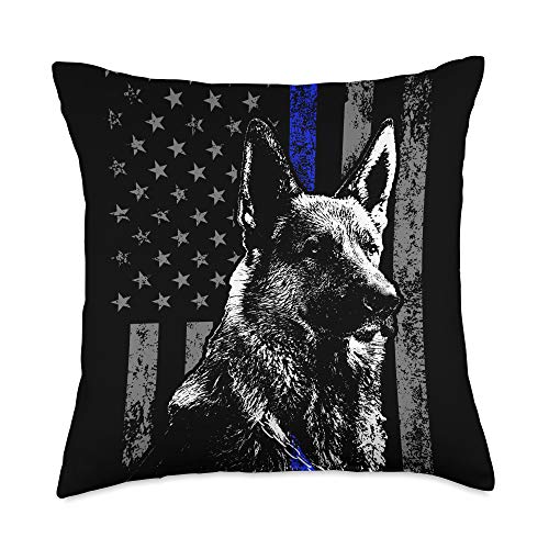 Patriotic German Shepherd Throw PIllows Thin Blue Line German Shepherd American Flag K-9 Police Gift Throw Pillow, 18x18, Multicolor