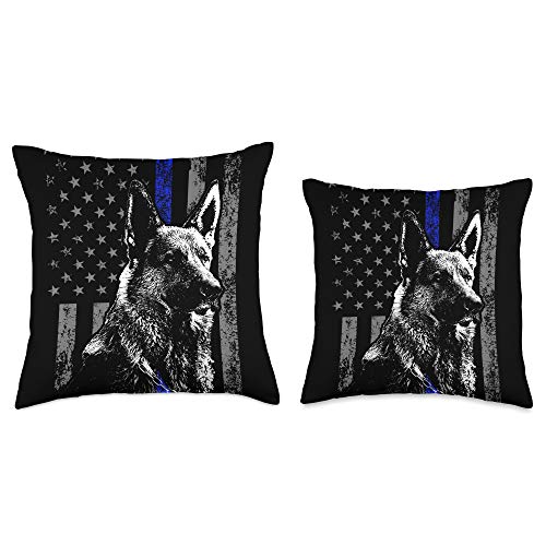 Patriotic German Shepherd Throw PIllows Thin Blue Line German Shepherd American Flag K-9 Police Gift Throw Pillow, 18x18, Multicolor