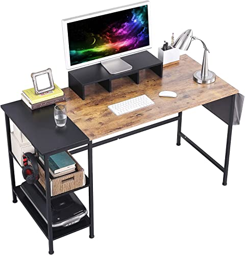 Ohuhu 55 Inch Large Computer Desk with Storage Shelves, 2-Tier Industrial Home Office Writing Study Desks with Monitor Stand Storage Bag and Hooks Laptop Work Table for Gaming Bedroom Living Room