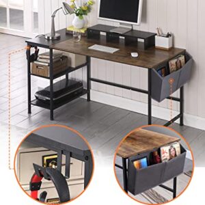 Ohuhu 55 Inch Large Computer Desk with Storage Shelves, 2-Tier Industrial Home Office Writing Study Desks with Monitor Stand Storage Bag and Hooks Laptop Work Table for Gaming Bedroom Living Room