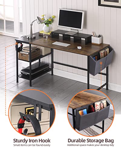 Ohuhu 55 Inch Large Computer Desk with Storage Shelves, 2-Tier Industrial Home Office Writing Study Desks with Monitor Stand Storage Bag and Hooks Laptop Work Table for Gaming Bedroom Living Room