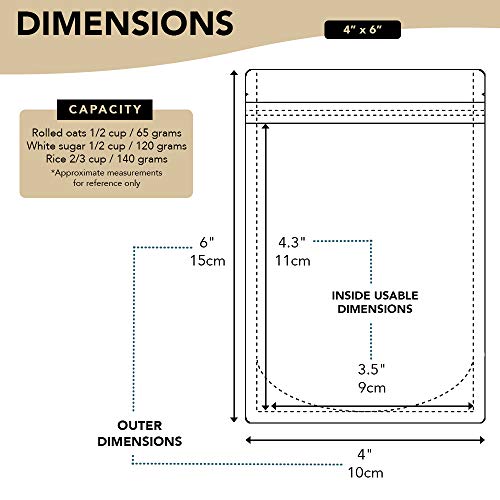 Yuugen Products Kraft Stand-Up Pouch Bags with Aluminum, Zip Lock, and Tear Notch - Reusable, Heat-Sealable | Storage for Food, Non-Food Items, Home and Business - 50 Pcs (4" x 6")