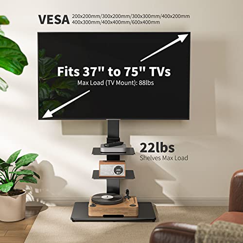 AM alphamount TV Stand with Mount for 37 40 43 49 50 55 60 65 70 75 Inch LCD LED TVs, Height Adjustable Swivel Universal Tall Floor TV Stand with Storage Shelves for Bedroom and Living Room