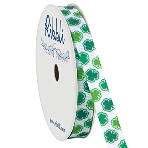 Ribbli Grosgrain Shamrock Craft Ribbon,3/8-Inch,10-Yard Spool, White/Green, Use for St. Patrick's Day,Gift Wrapping,Party Decoration