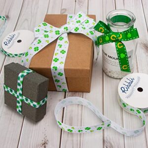 Ribbli Grosgrain Shamrock Craft Ribbon,3/8-Inch,10-Yard Spool, White/Green, Use for St. Patrick's Day,Gift Wrapping,Party Decoration