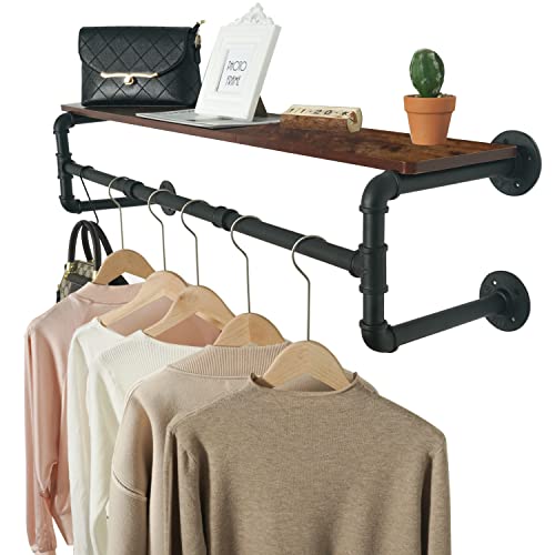 Crehomfy Industrial Pipe Clothes Rack with Top Shelf and 3 Hooks, 41''L Wall Mounted Garment Rack, Heavy Duty Iron Garment Bar, Clothes Hanging Rod Bar, 4 Base Max Load 135Lb Black