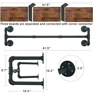 Crehomfy Industrial Pipe Clothes Rack with Top Shelf and 3 Hooks, 41''L Wall Mounted Garment Rack, Heavy Duty Iron Garment Bar, Clothes Hanging Rod Bar, 4 Base Max Load 135Lb Black