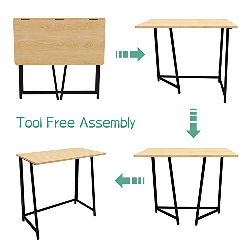 Siunzs Folding Desk, 32 Inch Small Desks for Small Spaces,Space Saving Foldable Computer Desk for Home Office Study Writing, Portable Small Collapsible Desk, Easy Assembly, Black Frame, Maple