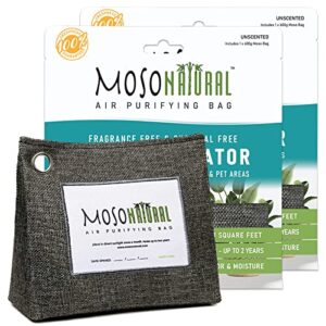 moso natural air purifying bag 600g (2 pack). a scent free odor eliminator for kitchens, bedrooms, living rooms, pet areas. premium moso bamboo charcoal odor absorber. freestanding design.