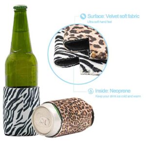 Casa-Eco Carol Velvet Neoprene Beer Soda Can Cooler Sleeves, Cold Beverages Bottle Insulated Cover for BBQ, Bachelor, Wedding Party (Cheetah, Zebra)