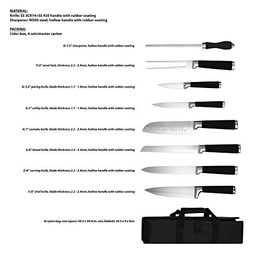 9-Piece Kitchen Knife Set in Carry Case - Ultra Sharp Chef Knives with Ergonomic Handles - Professional Japanese Chef's Knife Set with Paring, Carving, Bread, Santoku, Utility Knives, Fork, Sharpener