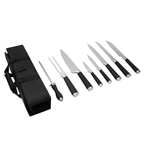 9-Piece Kitchen Knife Set in Carry Case - Ultra Sharp Chef Knives with Ergonomic Handles - Professional Japanese Chef's Knife Set with Paring, Carving, Bread, Santoku, Utility Knives, Fork, Sharpener