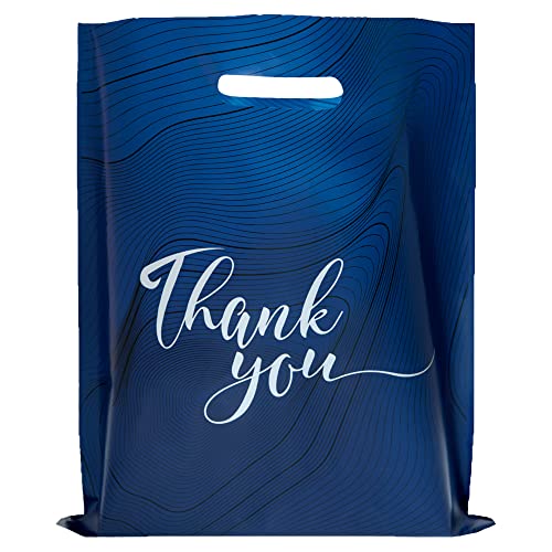 Rainbows & Lilies 100 Thank You Bags, 12x15 Plastic Bags with Handles, Shopping Bags for Small Business, Gifts, Goodie Bags - Thick Reusable Bags (Navy Blue)