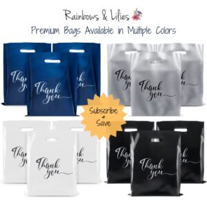 Rainbows & Lilies 100 Thank You Bags, 12x15 Plastic Bags with Handles, Shopping Bags for Small Business, Gifts, Goodie Bags - Thick Reusable Bags (Navy Blue)