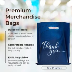 Rainbows & Lilies 100 Thank You Bags, 12x15 Plastic Bags with Handles, Shopping Bags for Small Business, Gifts, Goodie Bags - Thick Reusable Bags (Navy Blue)