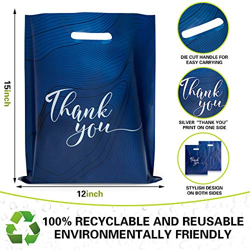 Rainbows & Lilies 100 Thank You Bags, 12x15 Plastic Bags with Handles, Shopping Bags for Small Business, Gifts, Goodie Bags - Thick Reusable Bags (Navy Blue)