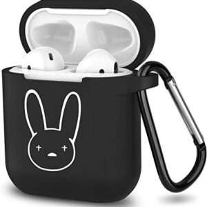 Stuput Compatible with Airpod 1/2 Case,Black Silicone Cover Cute Bunnies Rabbit Soft Protective Airpods Case with Keychain for Girls Kids Women Men