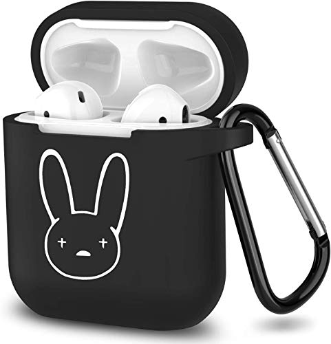 Stuput Compatible with Airpod 1/2 Case,Black Silicone Cover Cute Bunnies Rabbit Soft Protective Airpods Case with Keychain for Girls Kids Women Men