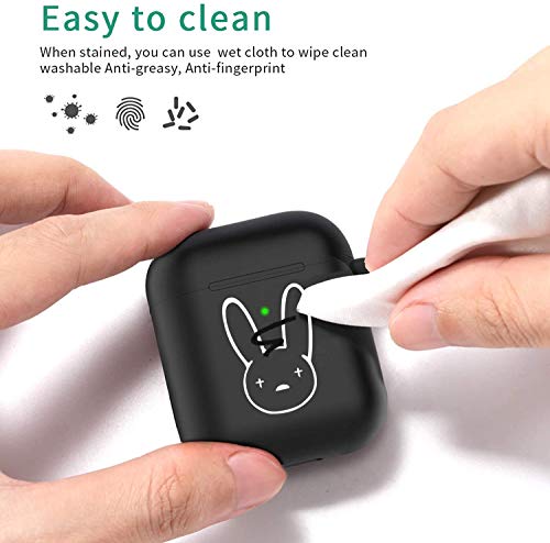 Stuput Compatible with Airpod 1/2 Case,Black Silicone Cover Cute Bunnies Rabbit Soft Protective Airpods Case with Keychain for Girls Kids Women Men