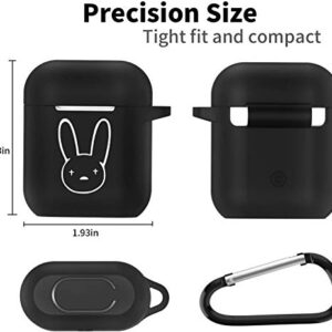 Stuput Compatible with Airpod 1/2 Case,Black Silicone Cover Cute Bunnies Rabbit Soft Protective Airpods Case with Keychain for Girls Kids Women Men