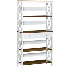 homcom 4-tier shelving bookcase storage cupboard with pull out drawer, and wooden frame with x bar stability, white