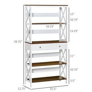 HOMCOM 4-Tier Shelving Bookcase Storage Cupboard with Pull Out Drawer, and Wooden Frame with X Bar Stability, White