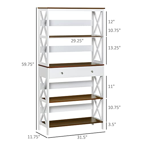 HOMCOM 4-Tier Shelving Bookcase Storage Cupboard with Pull Out Drawer, and Wooden Frame with X Bar Stability, White