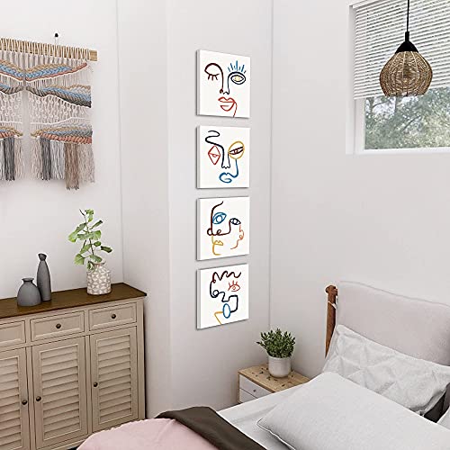 SUMGAR Abstract Face Wall Art Boho Decor Minimalist Line Drawing Artwork Mid-Century Morocco Pictures Shabby Chic Beige Framed Canvas Prints for Bathroom Bedroom Living Room - 12" x 12" 4 panel