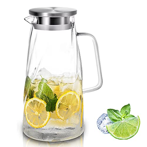 Vzaahu Glass Pitcher with Lid and Handle - Iced Water Carafe - [57 ounces,1.7 L] Lead-free Borosilicate Glass Beverage Jug - Sun Tea Pot Lemonade Milk Dispenser for Fridge Teapot Coffee Juice