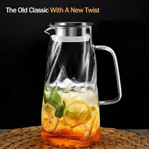 Vzaahu Glass Pitcher with Lid and Handle - Iced Water Carafe - [57 ounces,1.7 L] Lead-free Borosilicate Glass Beverage Jug - Sun Tea Pot Lemonade Milk Dispenser for Fridge Teapot Coffee Juice