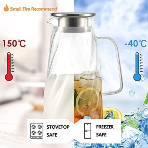 Vzaahu Glass Pitcher with Lid and Handle - Iced Water Carafe - [57 ounces,1.7 L] Lead-free Borosilicate Glass Beverage Jug - Sun Tea Pot Lemonade Milk Dispenser for Fridge Teapot Coffee Juice