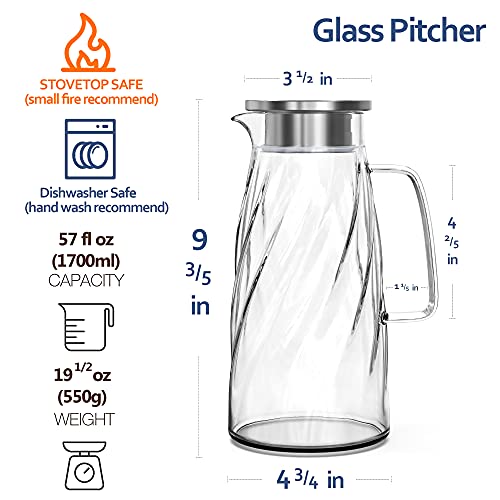 Vzaahu Glass Pitcher with Lid and Handle - Iced Water Carafe - [57 ounces,1.7 L] Lead-free Borosilicate Glass Beverage Jug - Sun Tea Pot Lemonade Milk Dispenser for Fridge Teapot Coffee Juice