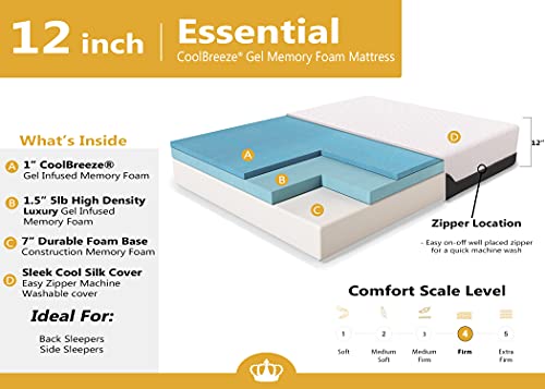 DynastyMattress Essential 12 Inch California King Size Cooling Gel Memory Foam Mattress Bed Firm