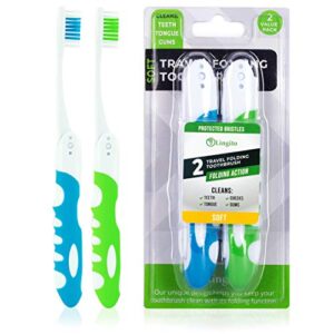 travel toothbrush, portable toothbrush built in cover, travel size toothbrush for hiking, camping, and traveling, folding toothbrushes, collapsible blue-green travel toothbrush kit (2 pack-soft)