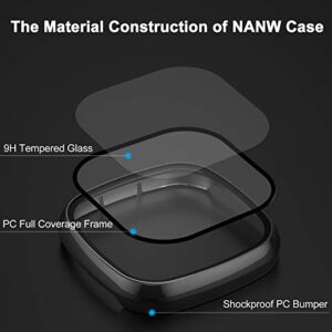 NANW Screen Protector Compatible with Fitbit Versa 3/Sense, Full Coverage Protective Bumpers with Tempered Glass, PC Sensitive Slim Touch Screen Covers for Versa 3 /Sense Smart Watch, Black