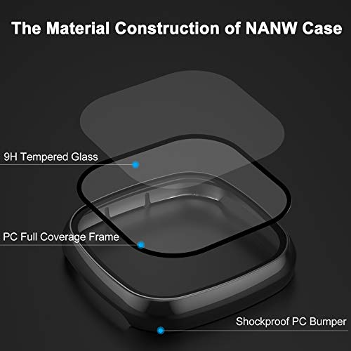 NANW Screen Protector Compatible with Fitbit Versa 3/Sense, Full Coverage Protective Bumpers with Tempered Glass, PC Sensitive Slim Touch Screen Covers for Versa 3 /Sense Smart Watch, Black