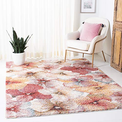 SAFAVIEH Calista Shag Collection 8' x 10' Ivory / Rust CAL152A Floral Non-Shedding Living Room Bedroom Dining Room Entryway Plush 1-inch Thick Area Rug