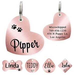 ultra joys dog id tag, custom dog tag, personalized dog tag, dog tag, pet id tag, dog tag for dogs, brushed stainless steel heart dog tag rose gold small