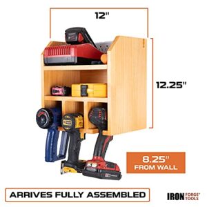 Iron Forge Power Tool Organizer for Garage - Fully Assembled Wood Tool Chest and 3 Drill Charging Station - Great Workshop Organization and Storage Gift