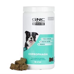 gnc pets advanced coprophagia dog supplements | 90 ct dog poop eating deterrent soft chews for dogs in chicken flavor | dog supplement with yucca schidigera, digestive enzymes, and probiotics