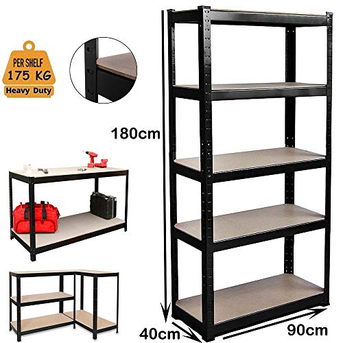 Lucg 180x90x40cm Shelving Shelves Racking Storage Shelf Unit Garage Shed Racking Storage Shelving Units Boltless Metal Shelves 5 Tier 875KG Capacity(175Kg Per Shelf) - Black